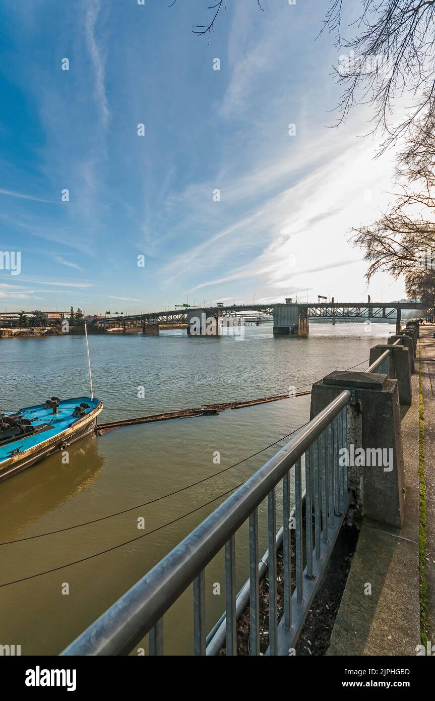 View of the SE Morrison Bridge past the bow of the Oregon Maritime ...