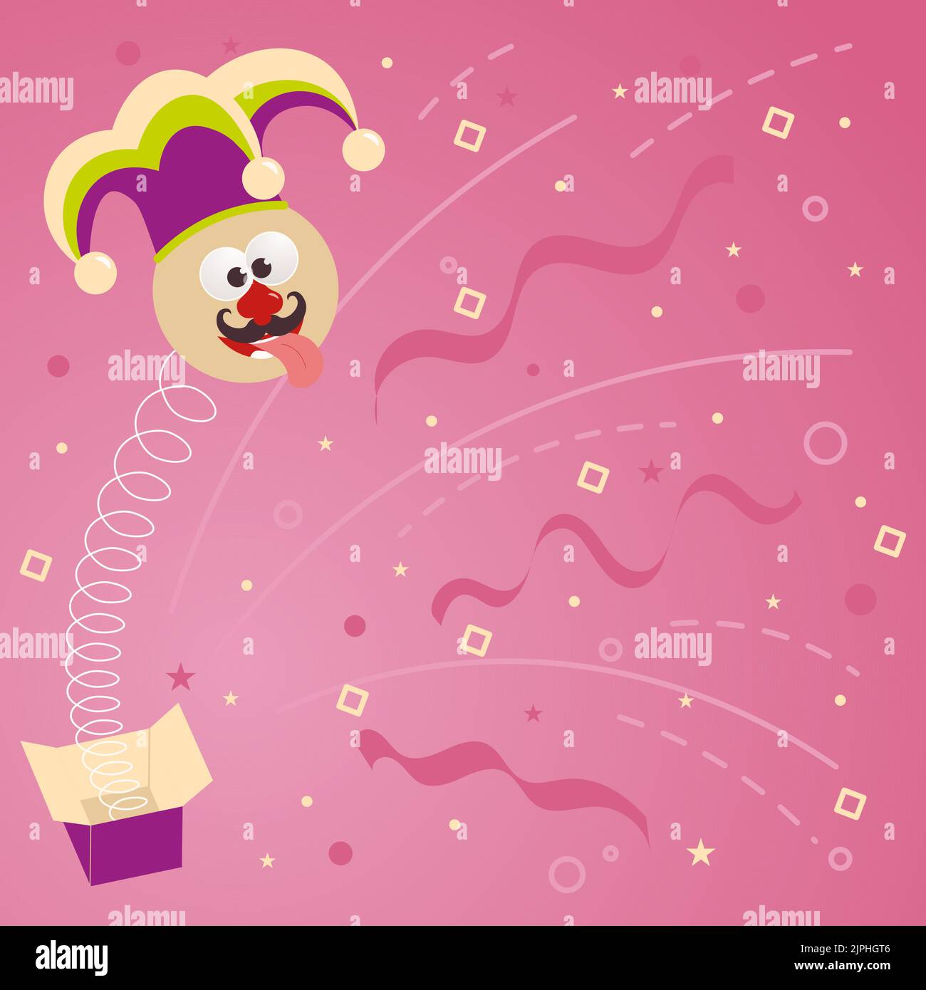 Funny Face With Colorful Hat And Tongue Out Jumping Out Of Box. Clumsy ...