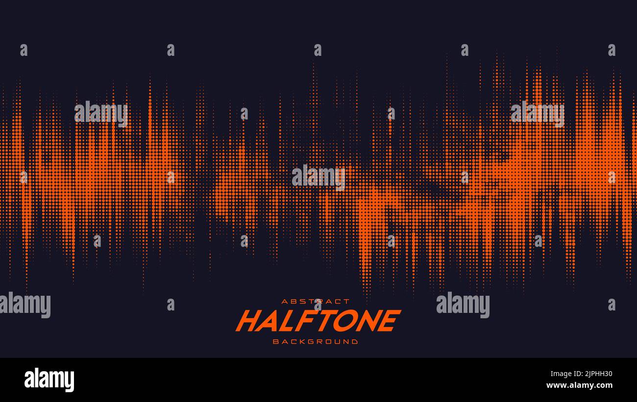 Abstract vector torn orange halftone sound wave. Scrathed dotted ...
