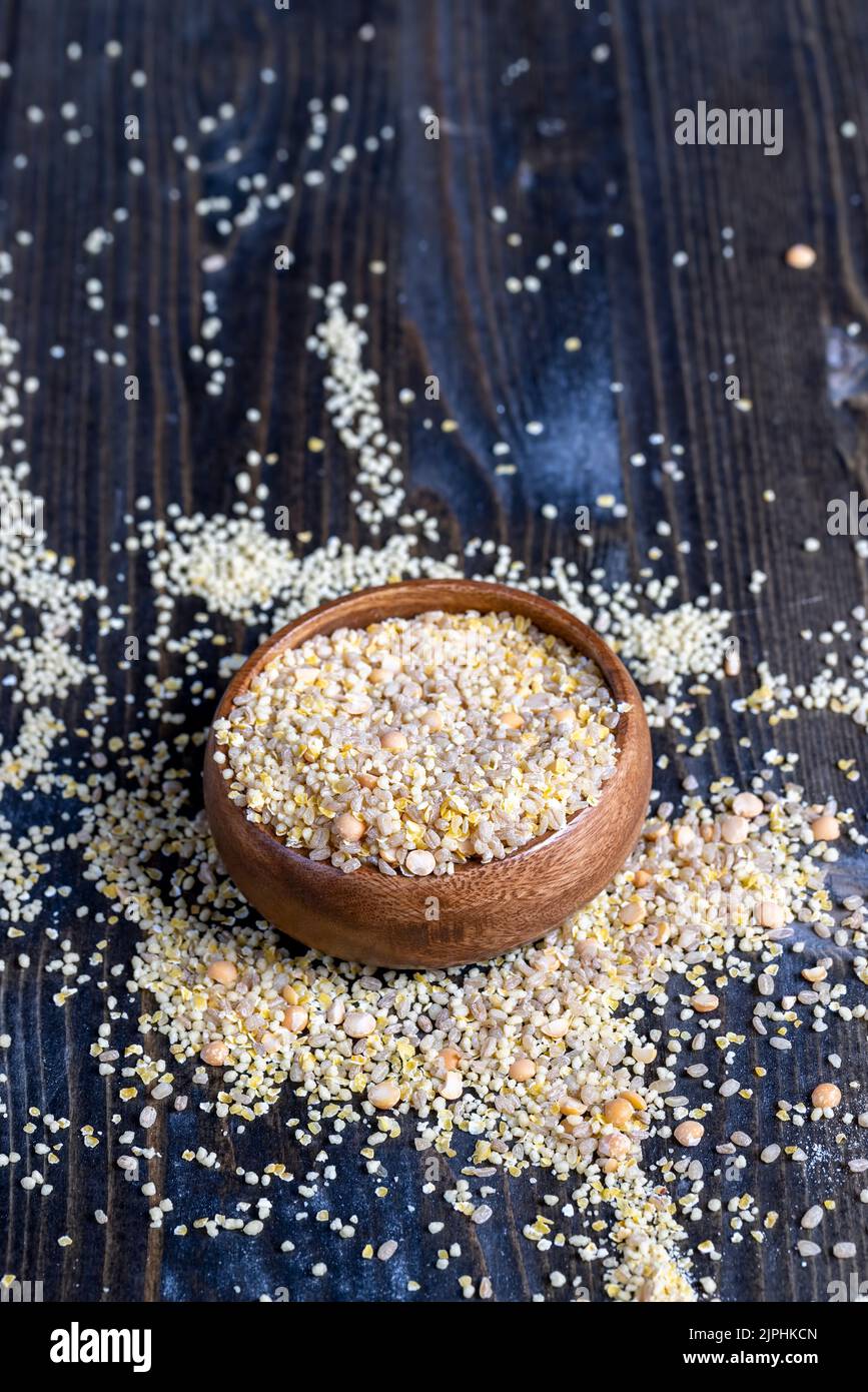 Mixed raw cereals from different types of plants, cooking from ...