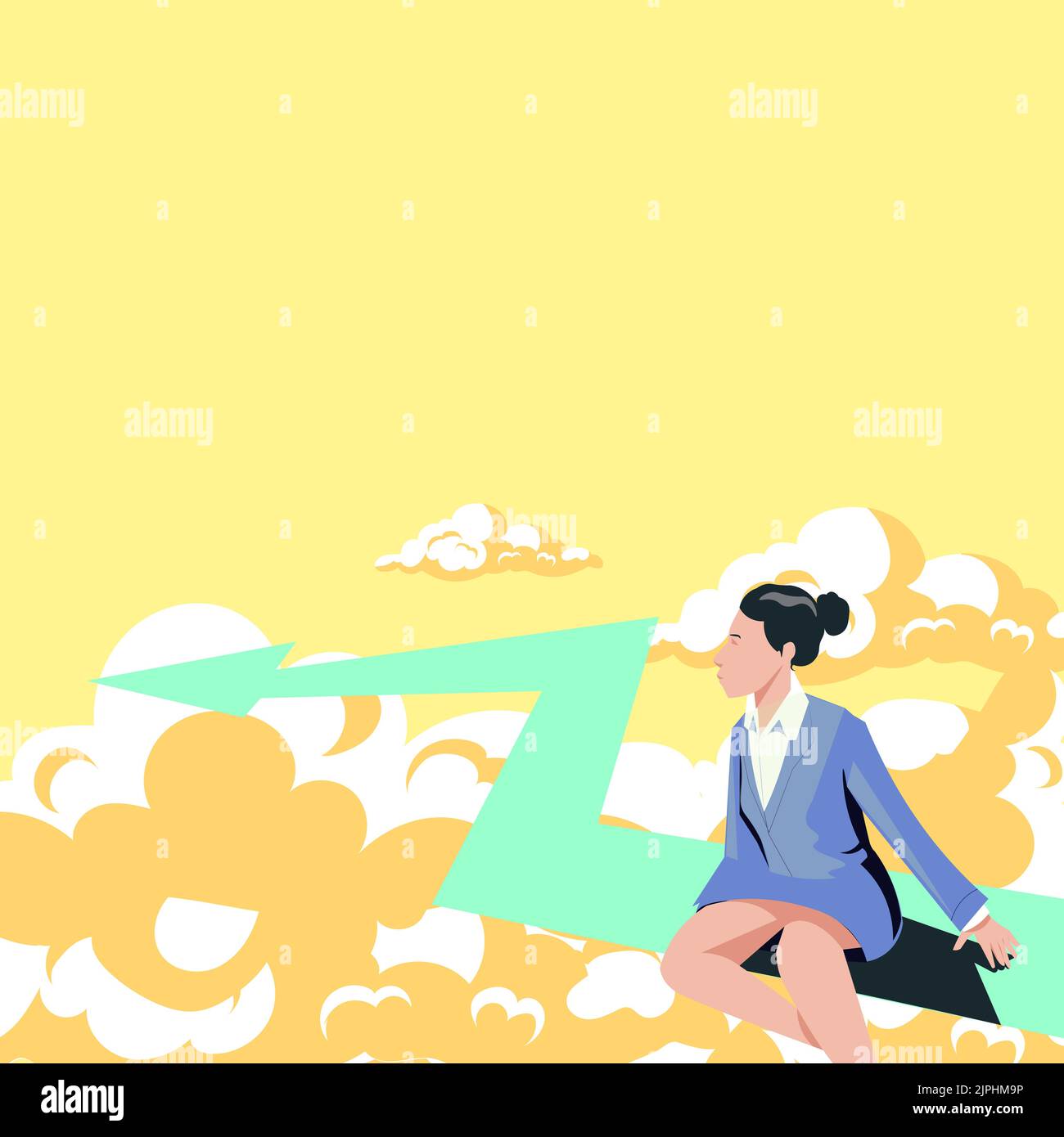 Lady Sitting Arrow Representing Financial Success. Lady Reaching Cloudy ...