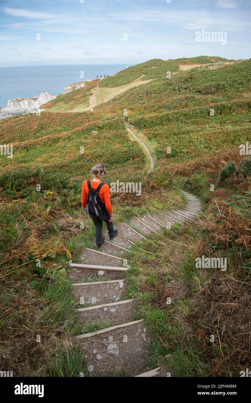 A woman in small backpack walks down some steps on a walking trail in ...