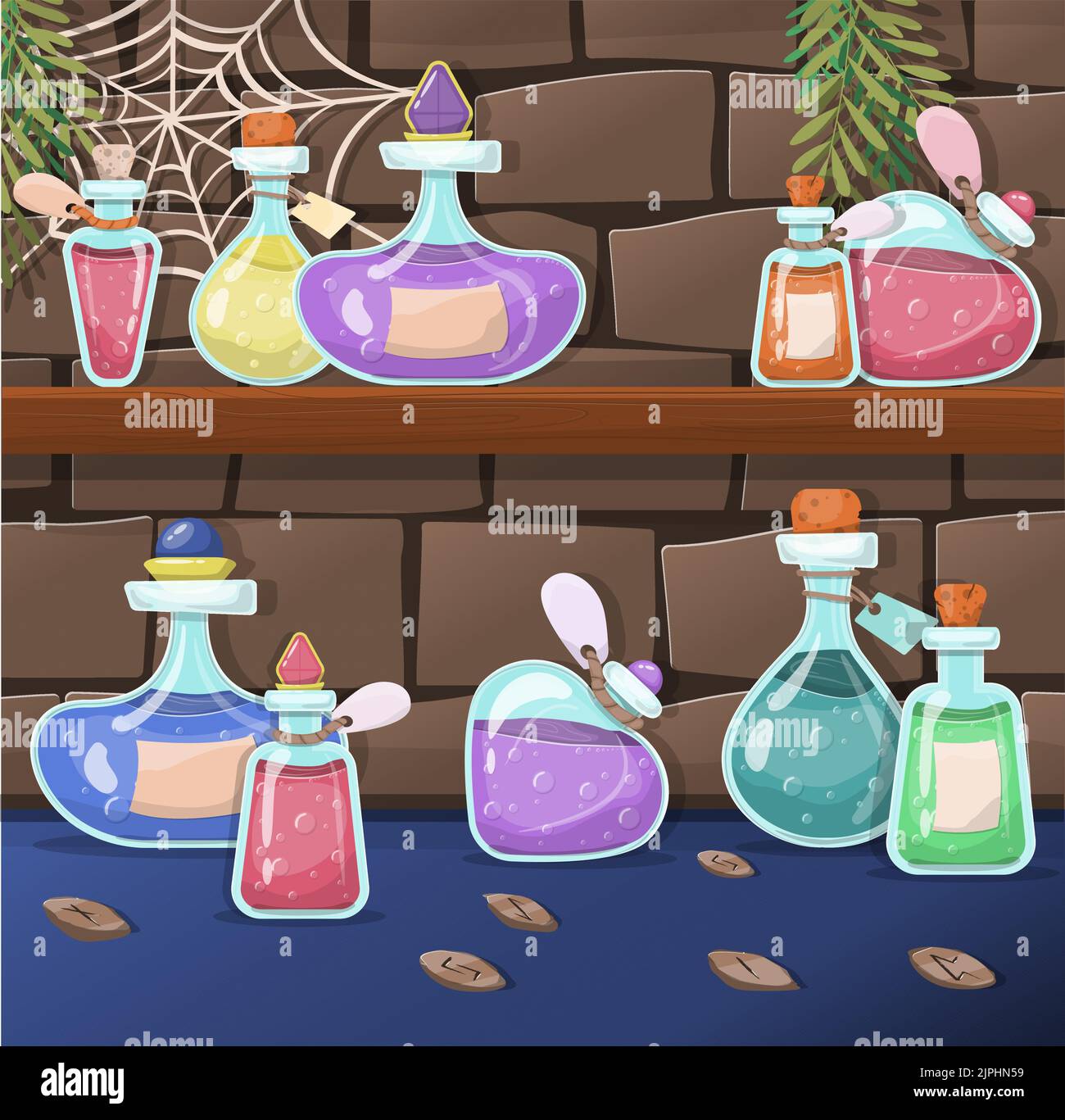 A set of vector magic bottles and flasks. Colorful magic potions ...