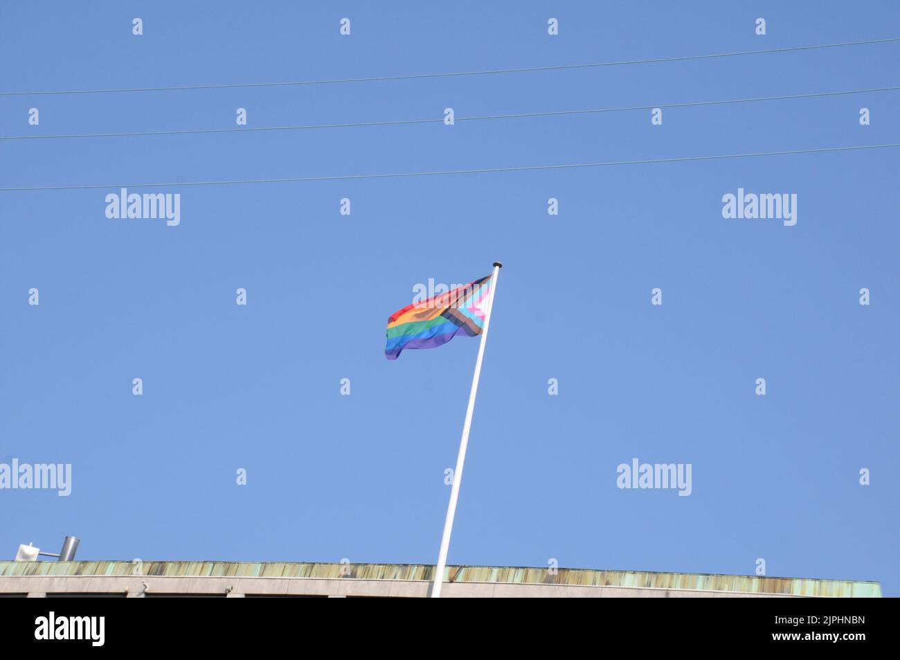 Copenhagen /Denmark/18 August 2022/Rainmbow colour flag on danish ...