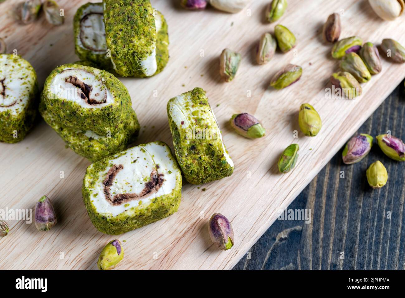 soft Turkish delight confection with pistachio nuts and chocolate ...