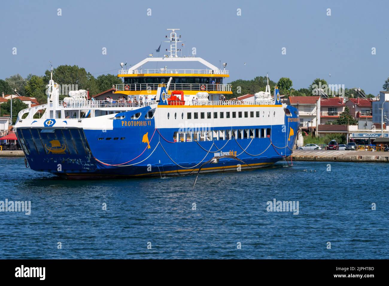 Ferry-boat leaving Kalamari harbor, Thracian sea, Macedonia, North ...