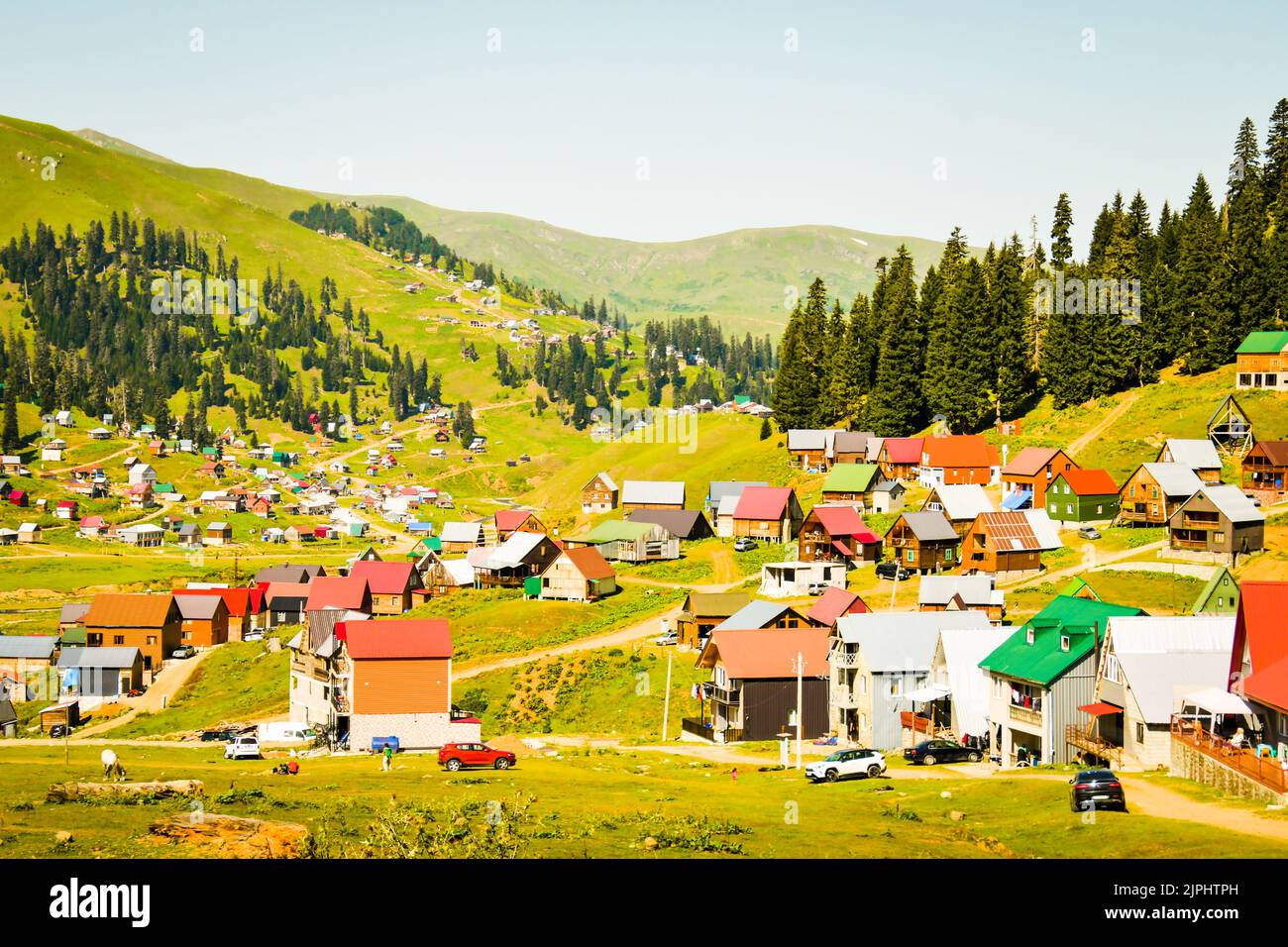Bakhmaro village house panorama in summer. FAmous travel landmark ...