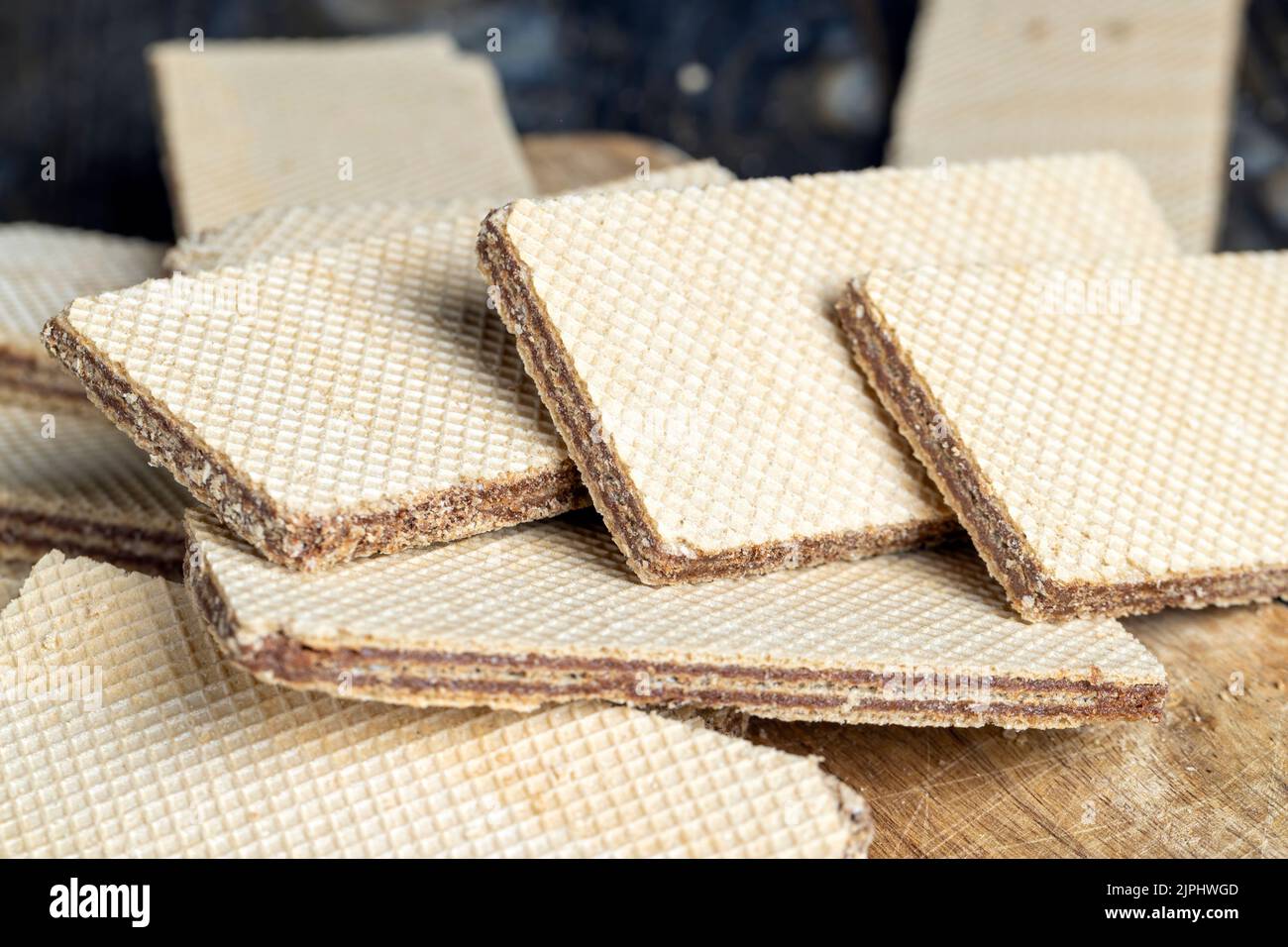 crisp fresh waffles with chocolate filling, thin multi-layered waffles ...