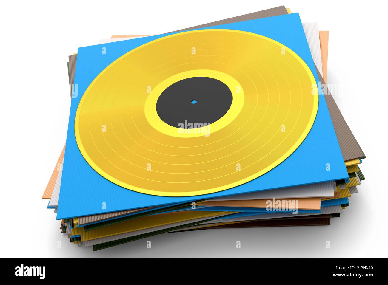 Black vinyl LP record with heap of covers isolated on white background ...