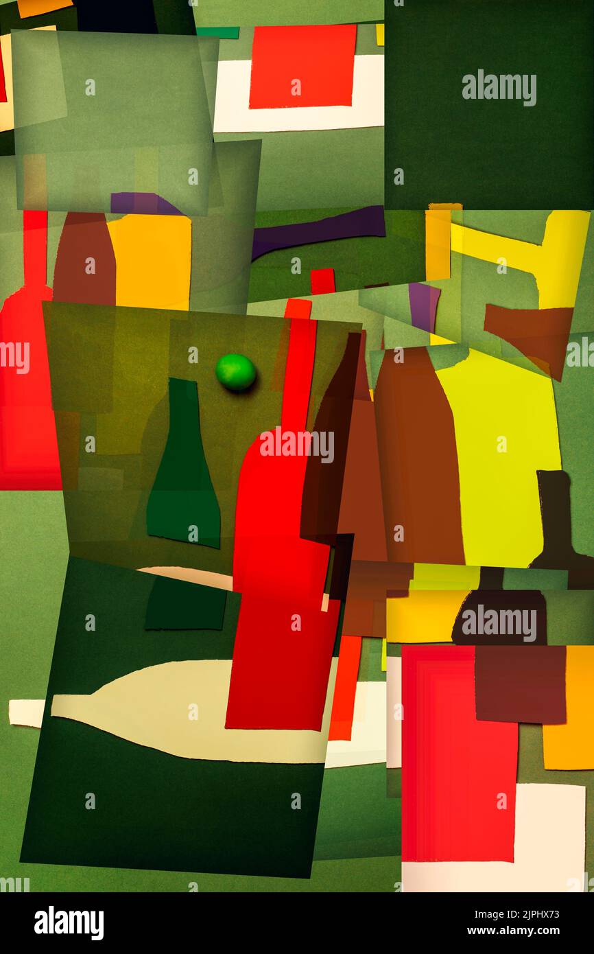 Collage of decorative still life with cut-out cardboard bottles Stock ...