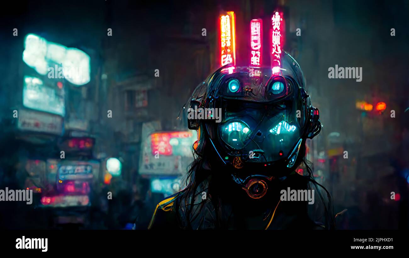 A painting of a person in a mask in a cyberpunk city Stock Photo - Alamy