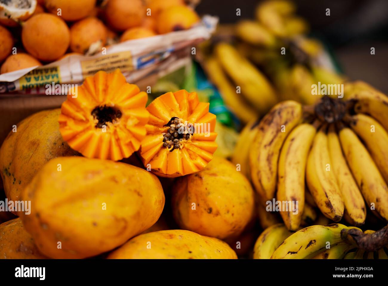 A closeup shot of the fruits in the food market in Puno Peru lake ...
