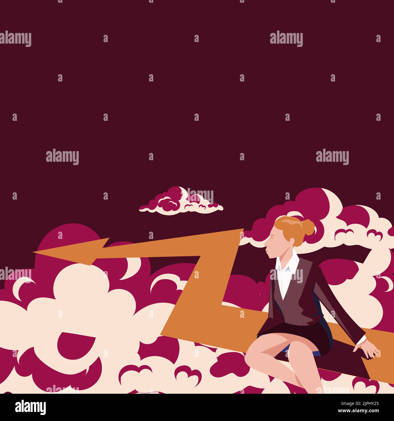 Lady Sitting Arrow Representing Financial Success. Lady Reaching Cloudy ...