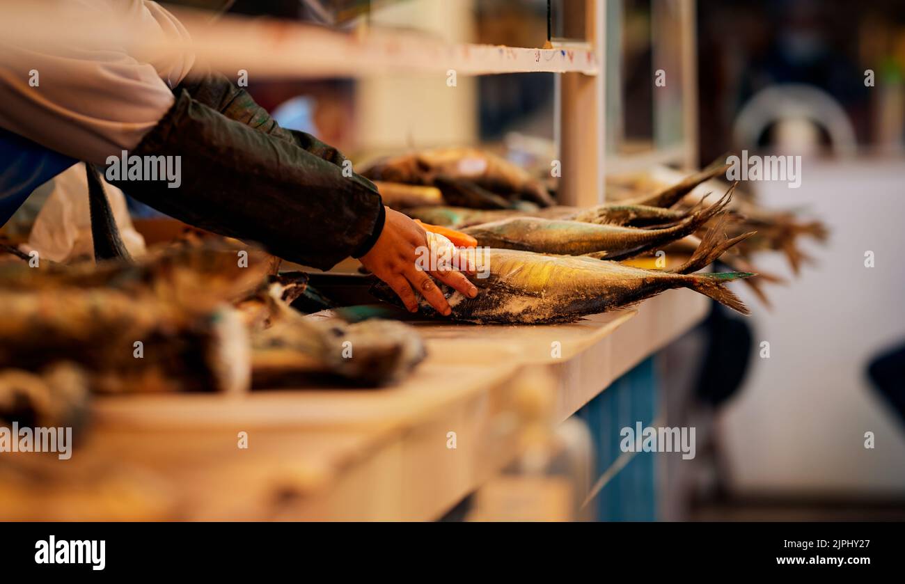 A fish stand of the food market in Puno Peru lake Titicaca Stock Photo ...