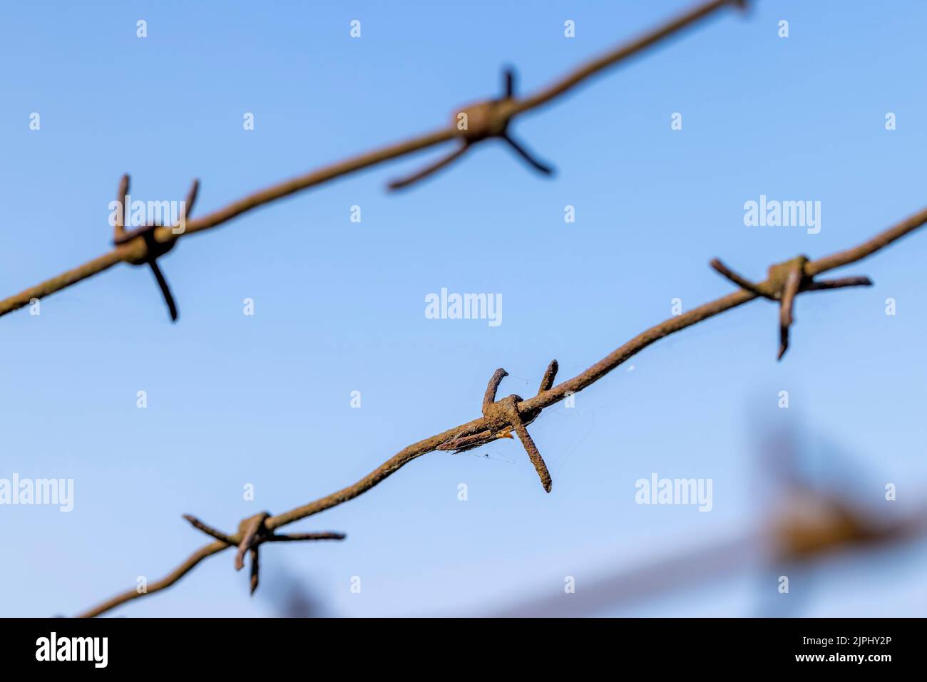 Old barbed wire against the blue sky, old barbed wire covered with rust ...