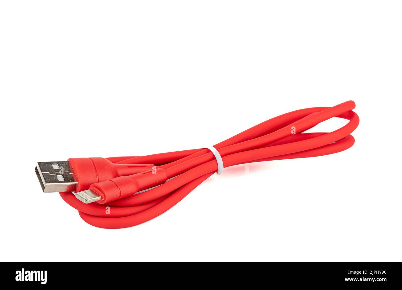 Red cable with usb connectors on a white background. Cable for charging ...