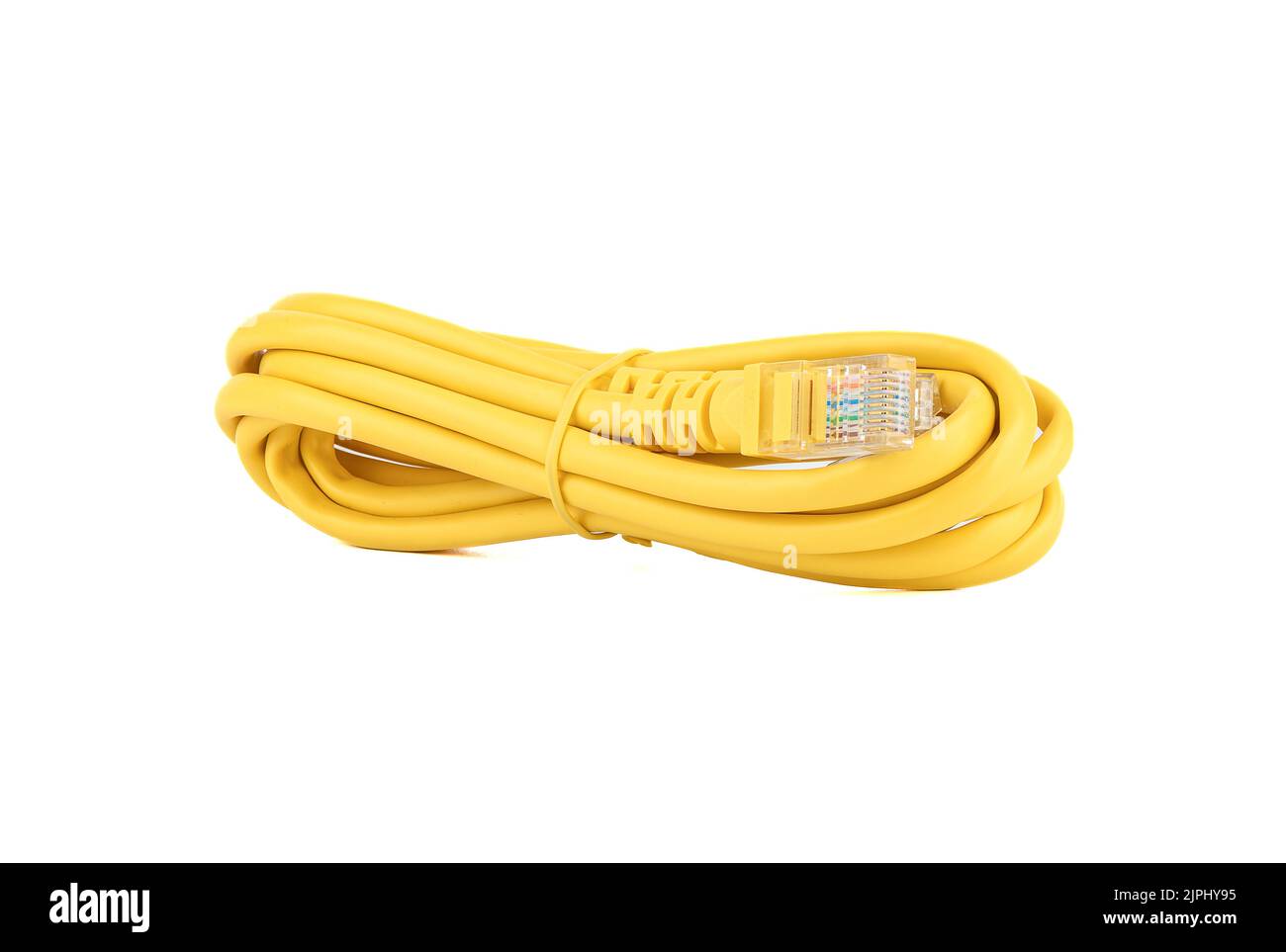 Twisted yellow cable with LAN or Ethernet connectors on a white ...