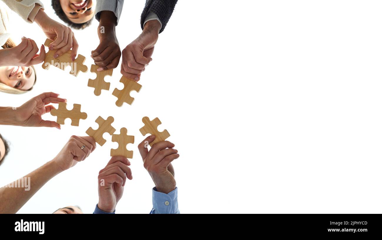 Copy space background with diverse team of business people joining ...