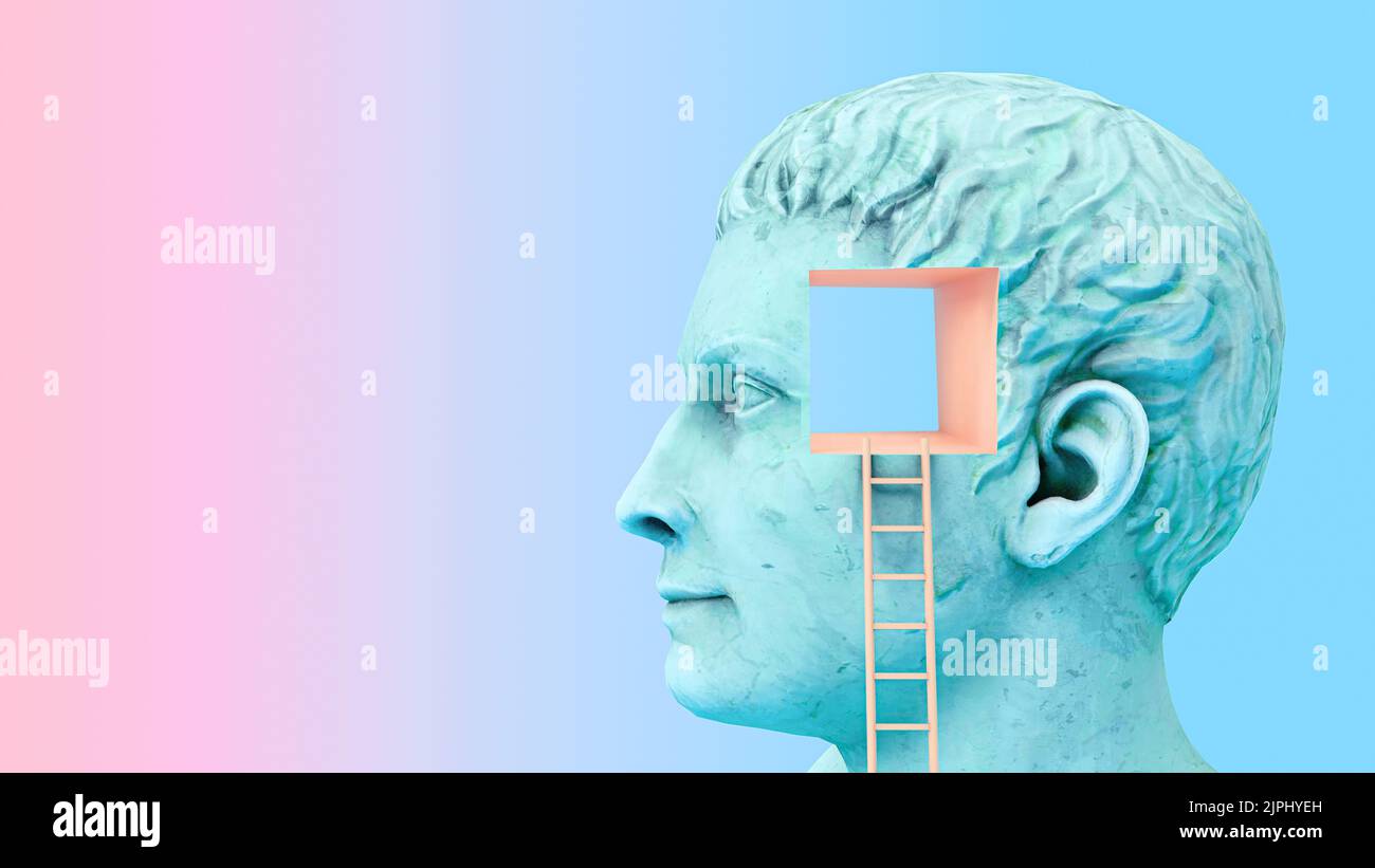 Creative 3D Illustration concept of a statue of a human head. The ...