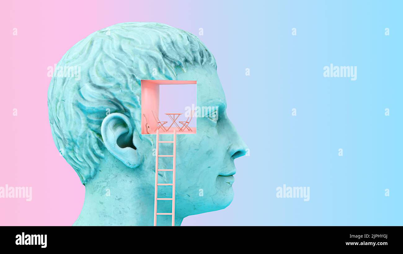 Creative 3D Illustration concept of a statue of a human head. The ...