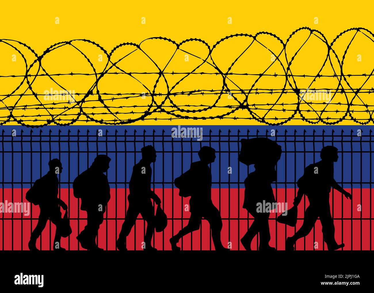 Flag of Colombia - Refugees near barbed wire fence. Migrants migrates ...