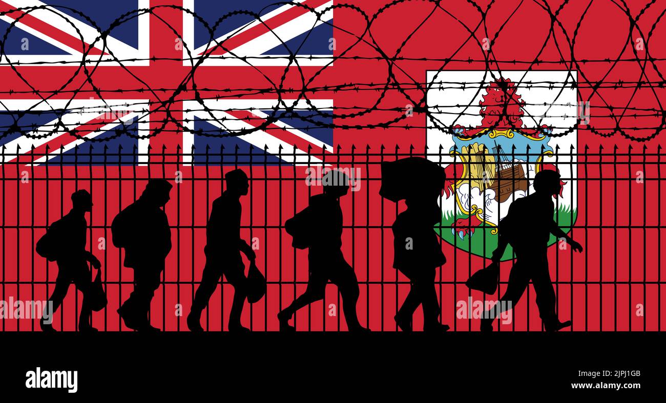 Flag of Bermuda - Refugees near barbed wire fence. Migrants migrates to ...