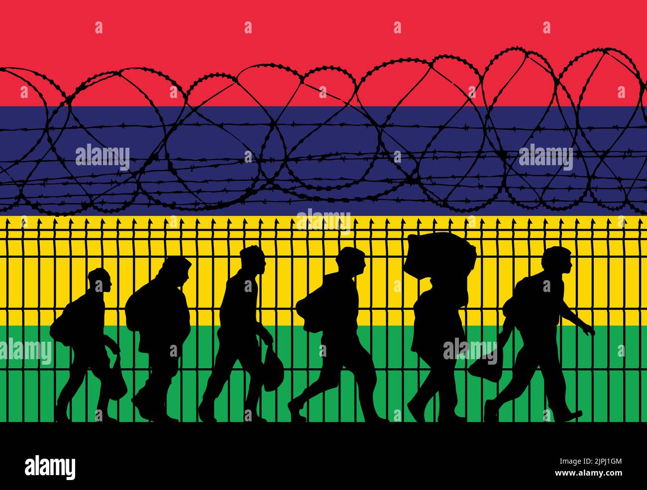 Mauritius - Refugees near barbed wire fence. Migrants migrate to other ...