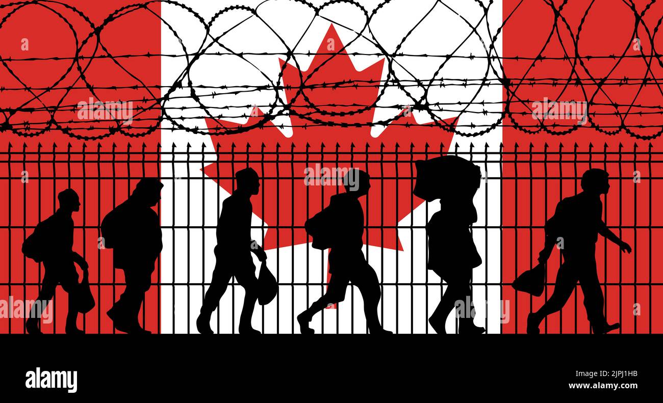 Flag of Canada - Refugees near barbed wire fence. Migrants migrates to ...