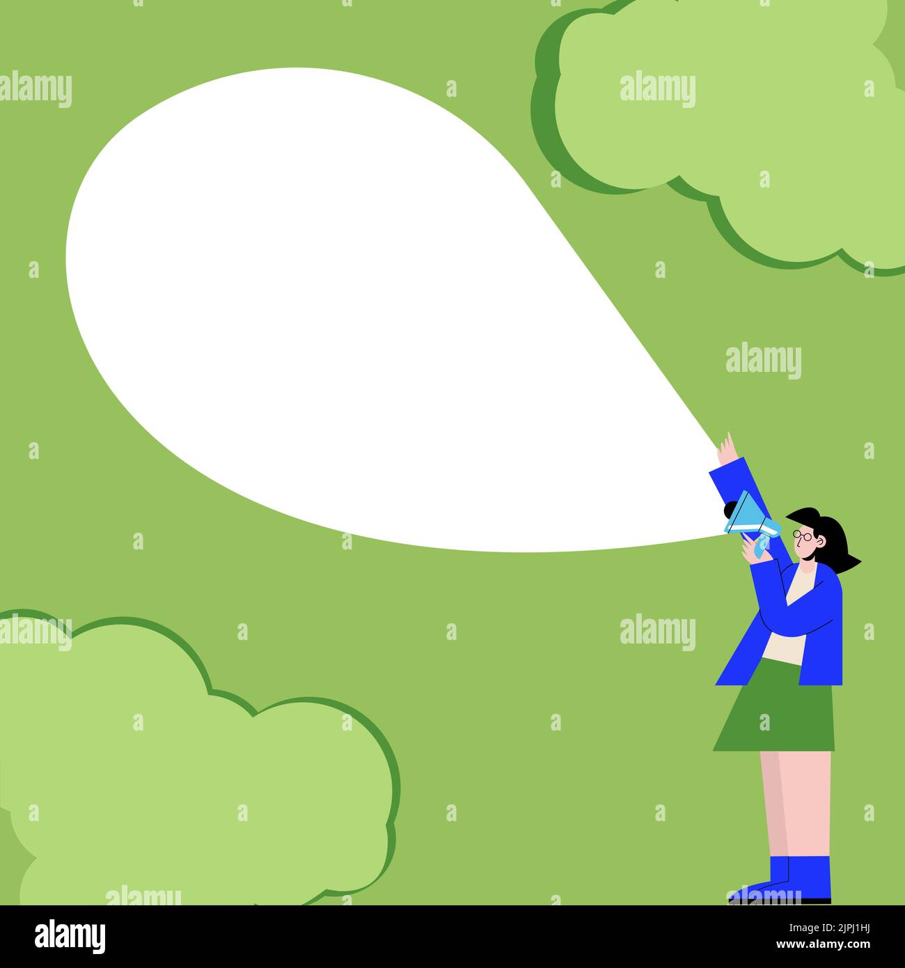Woman Standing Drawing Holds Megaphone With Big Speech Bubble Showing ...