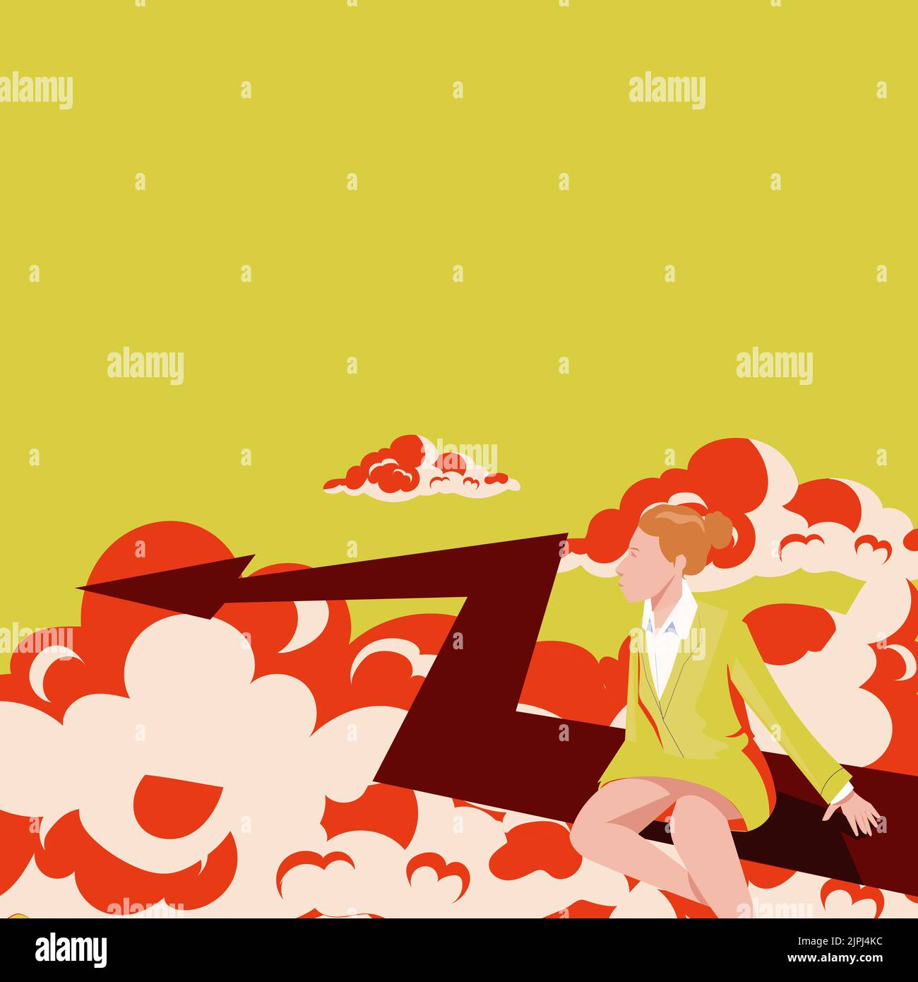 Lady Sitting Arrow Representing Financial Success. Lady Reaching Cloudy ...
