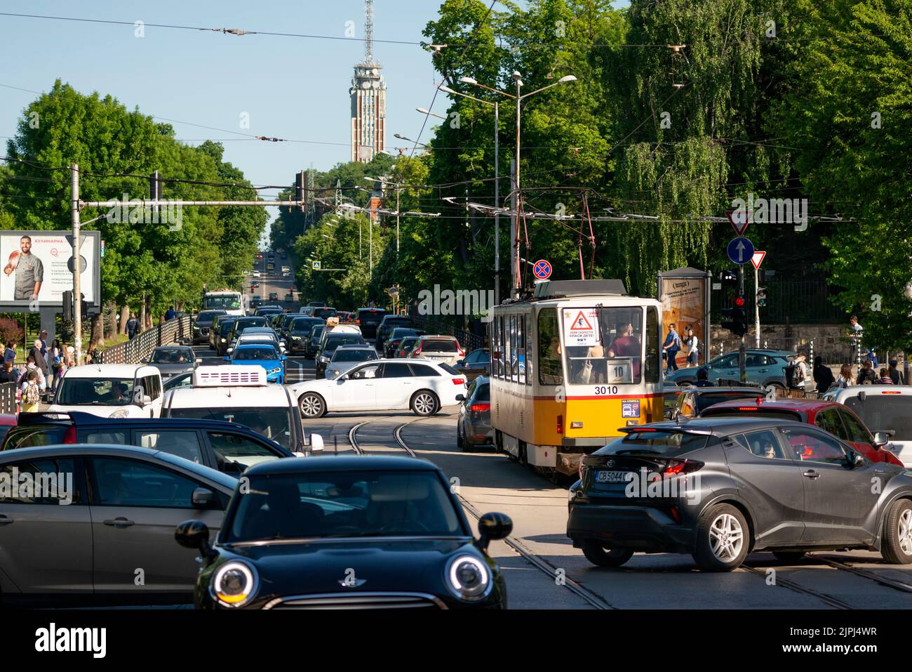 Car traffic busy streets at rush hour in Sofia, Bulgaria, Eastern ...