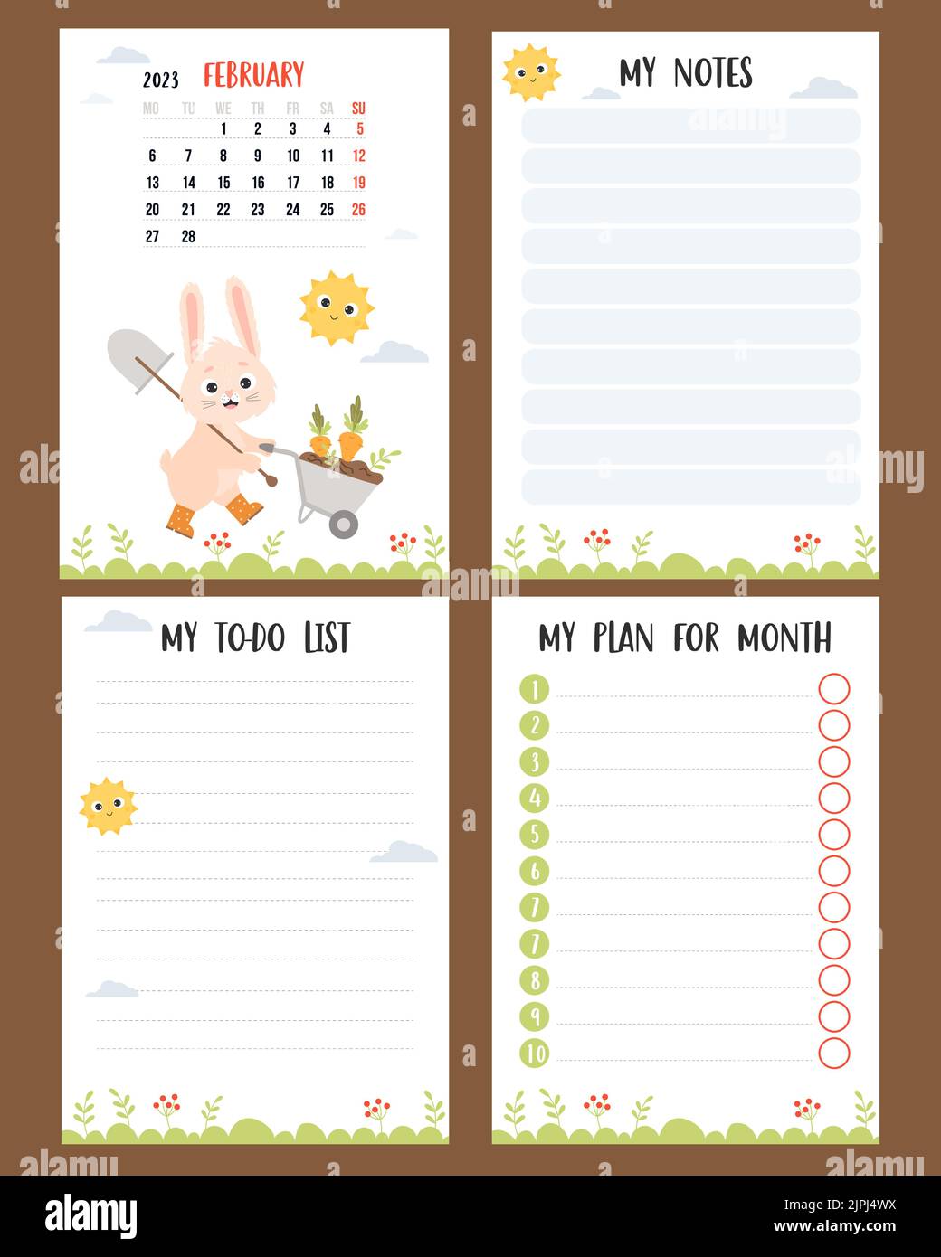 february 2023. Farm calendar for month with cute bunny farmer garden ...