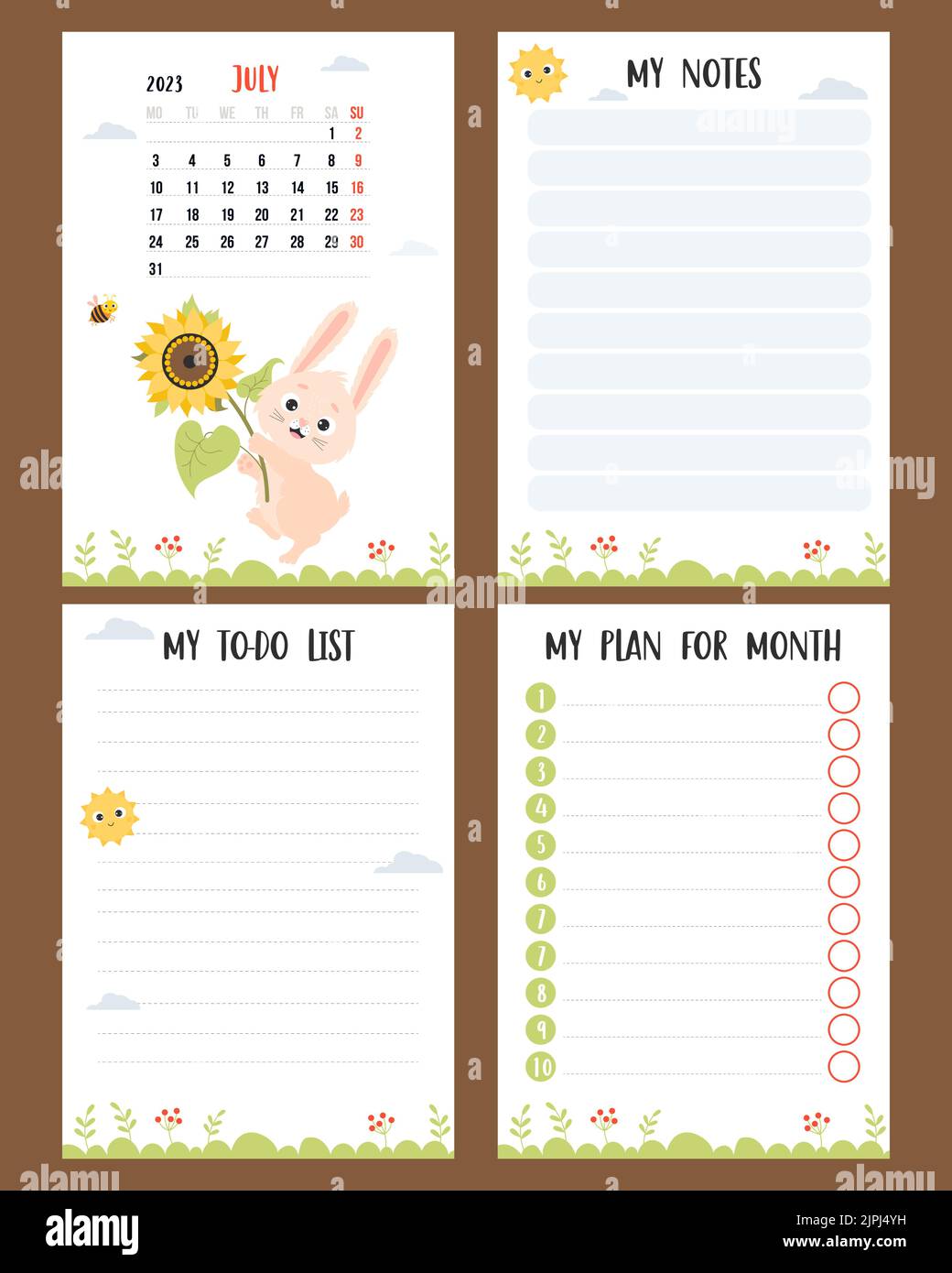 July 2023. Farm calendar planner for summer month with cute rabbit with ...