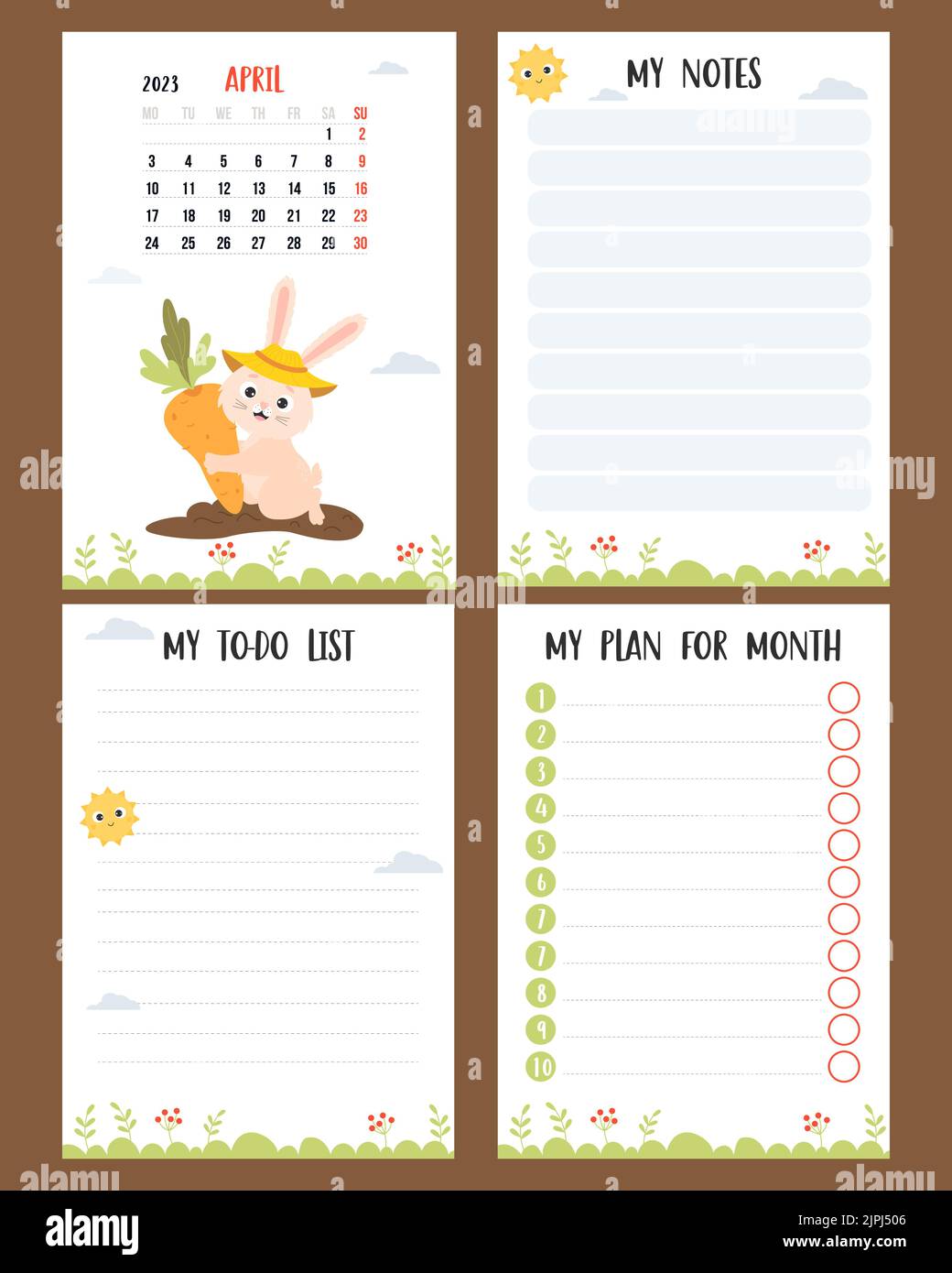 April 2023. Farm calendar for month with cute rabbit gardener and ...
