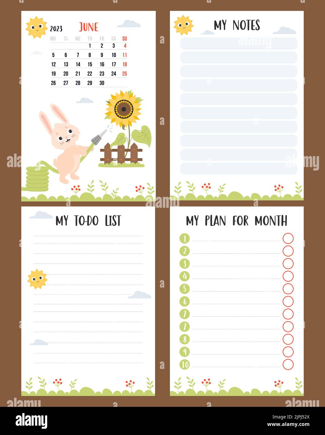 June 2023. Farm calendar for month with cute bunny watering sunflower ...