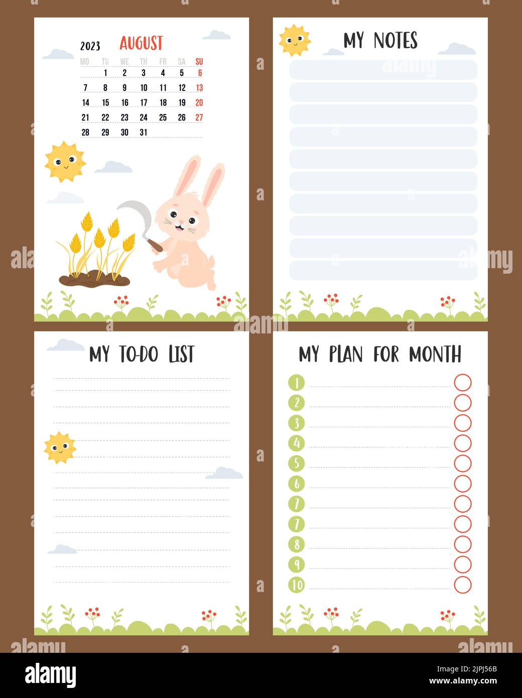 August 2023. Farm calendar planner with cute rabbit with sickle and ...