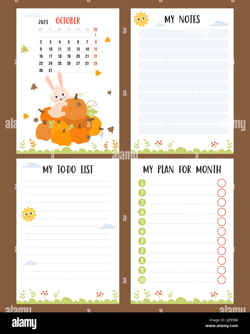 October 2023. Monthly calendar planner with cute bunny gardener on big ...