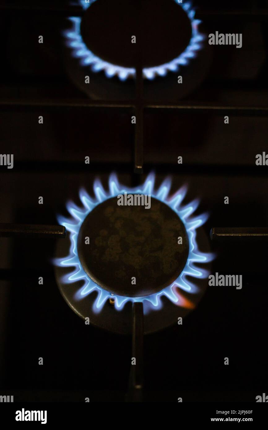 kitchen gas cooker with burning fire propane gas Stock Photo - Alamy