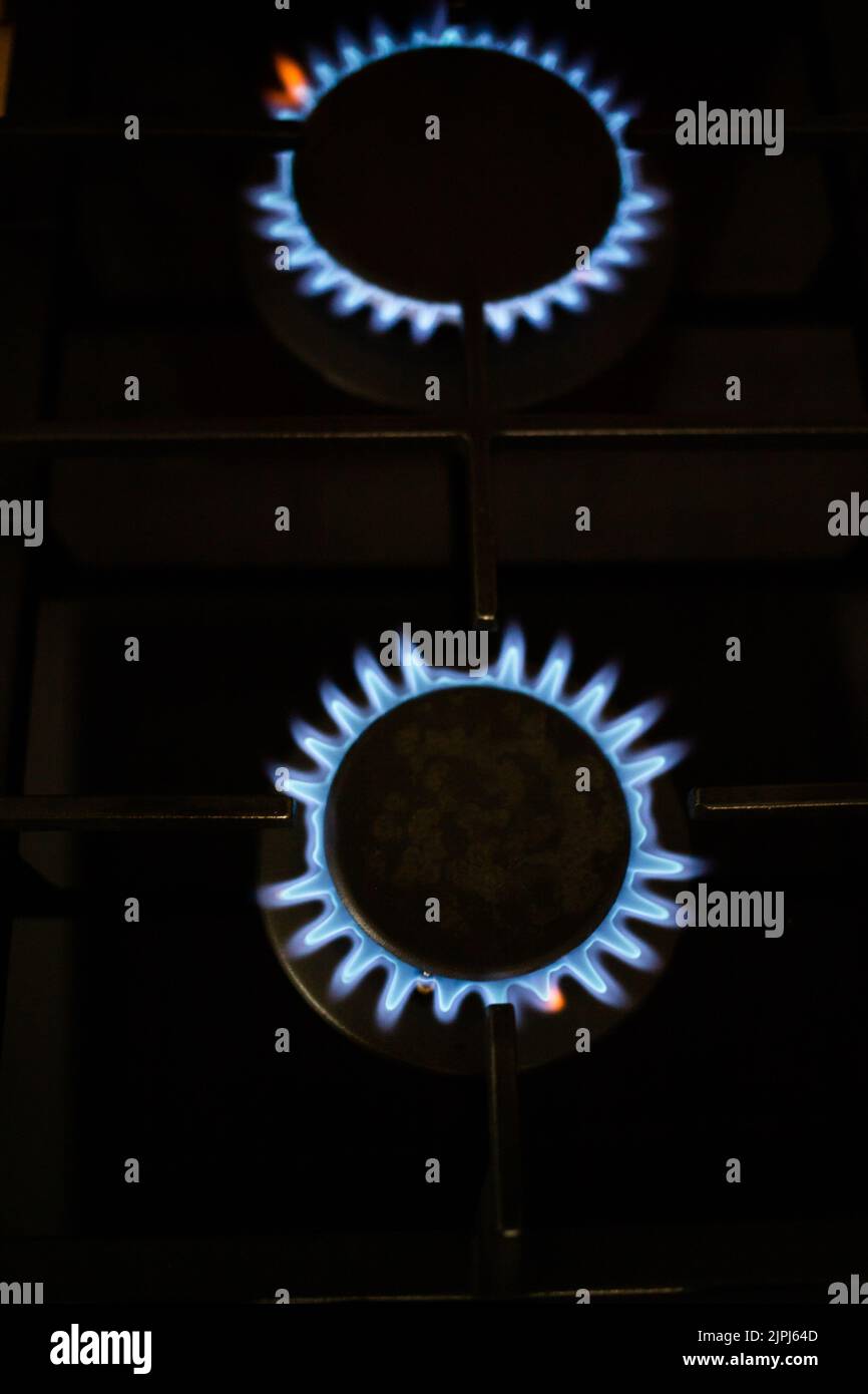 kitchen gas cooker with burning fire propane gas Stock Photo - Alamy