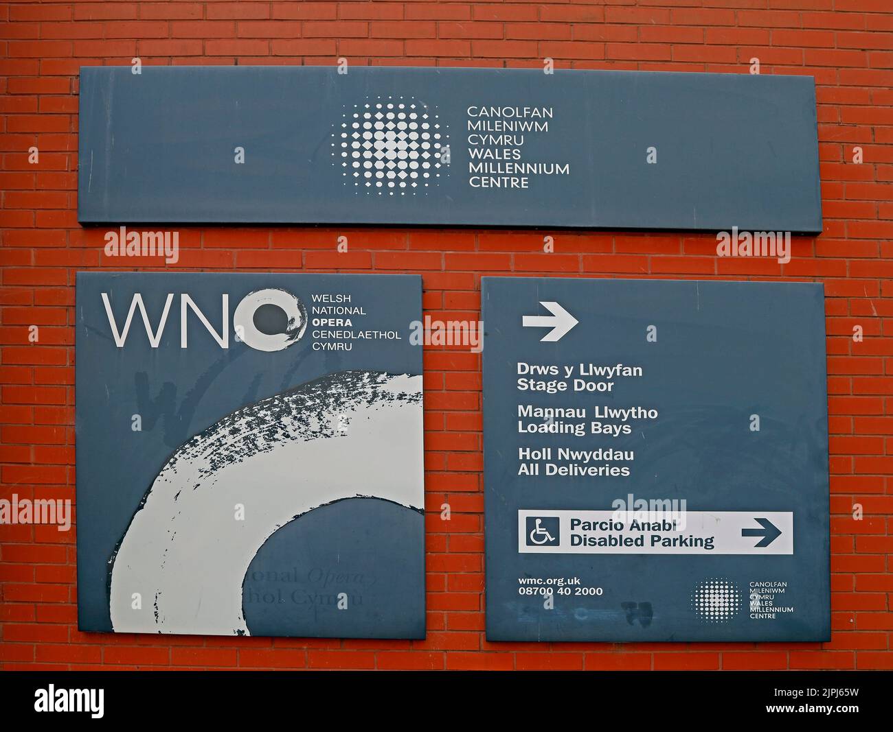Signs for Welsh National Opera, the Millennium Centre, Stage door and ...