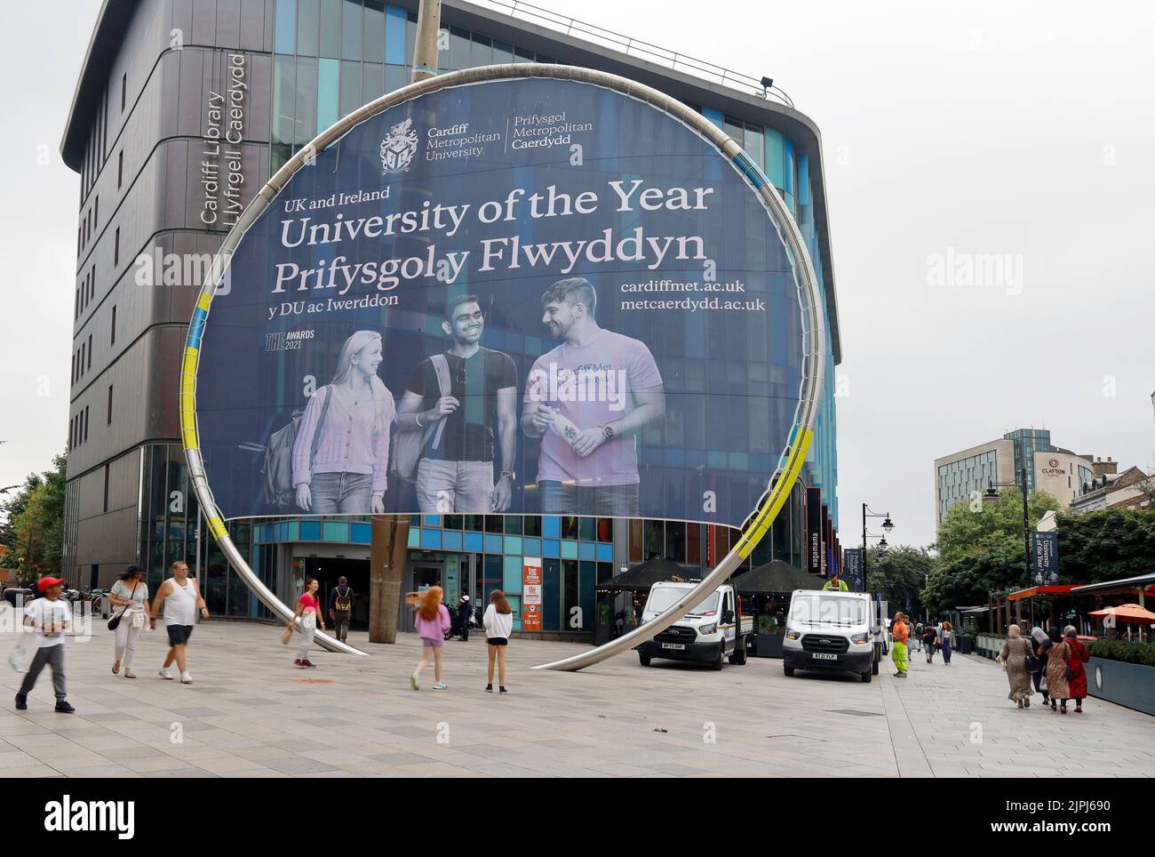 Cardiff Central Library with very large university banner. August 2022 ...
