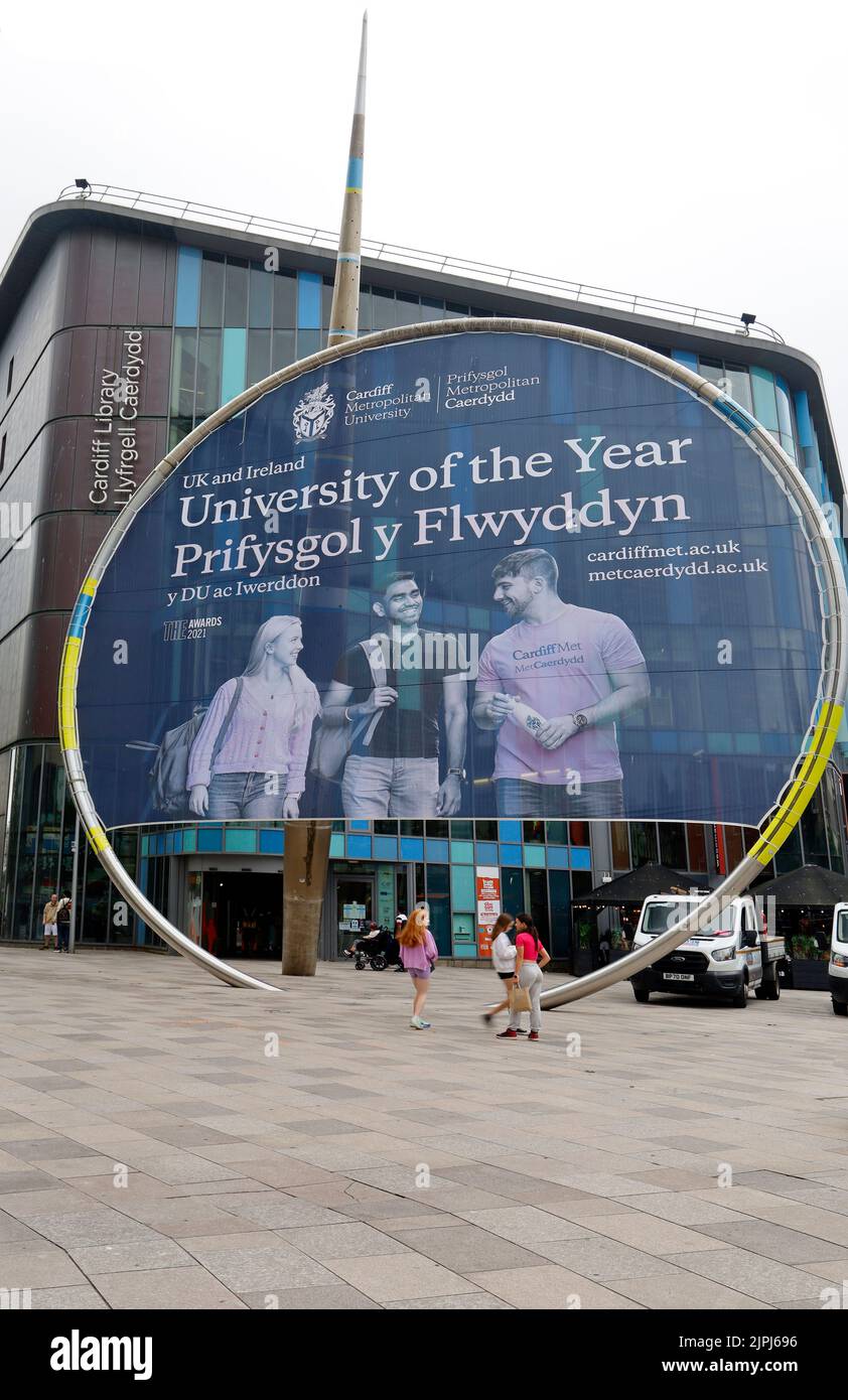 Cardiff Central Library with very large university banner. August 2022 ...