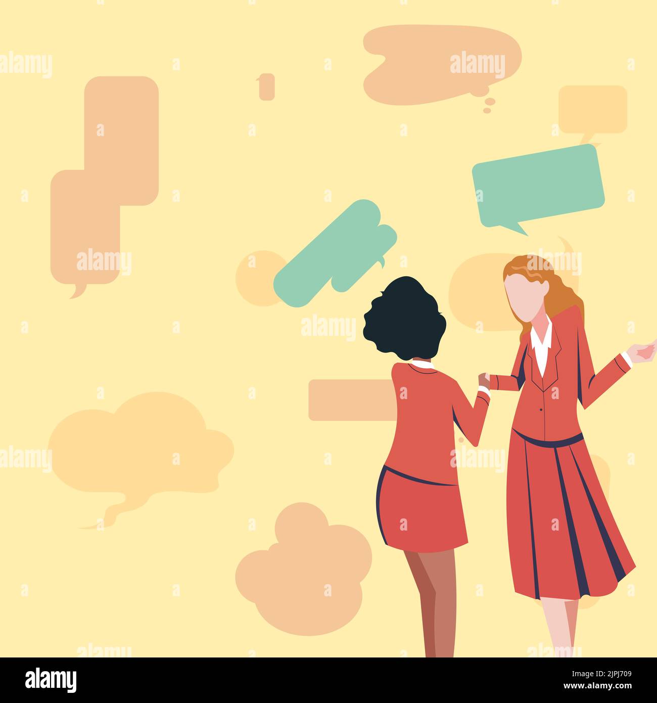 Two Colleagues Standing Sharing Thoughts Together With Speech Bubbles ...