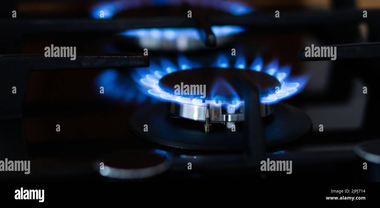 kitchen gas cooker with burning fire propane gas Stock Photo - Alamy