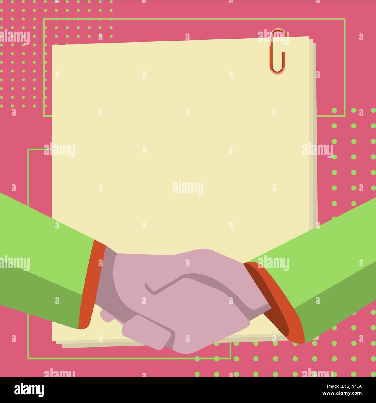 Two Colleagues Shaking Hands Accomplishing Deal With Pack Of Paper On ...