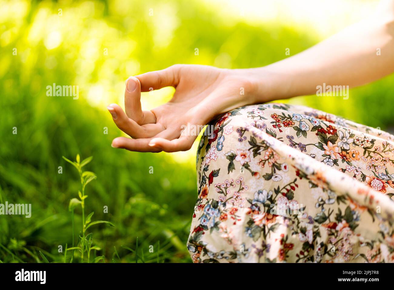A young girl meditates in the park. The hand in gyan mudra, green grass ...