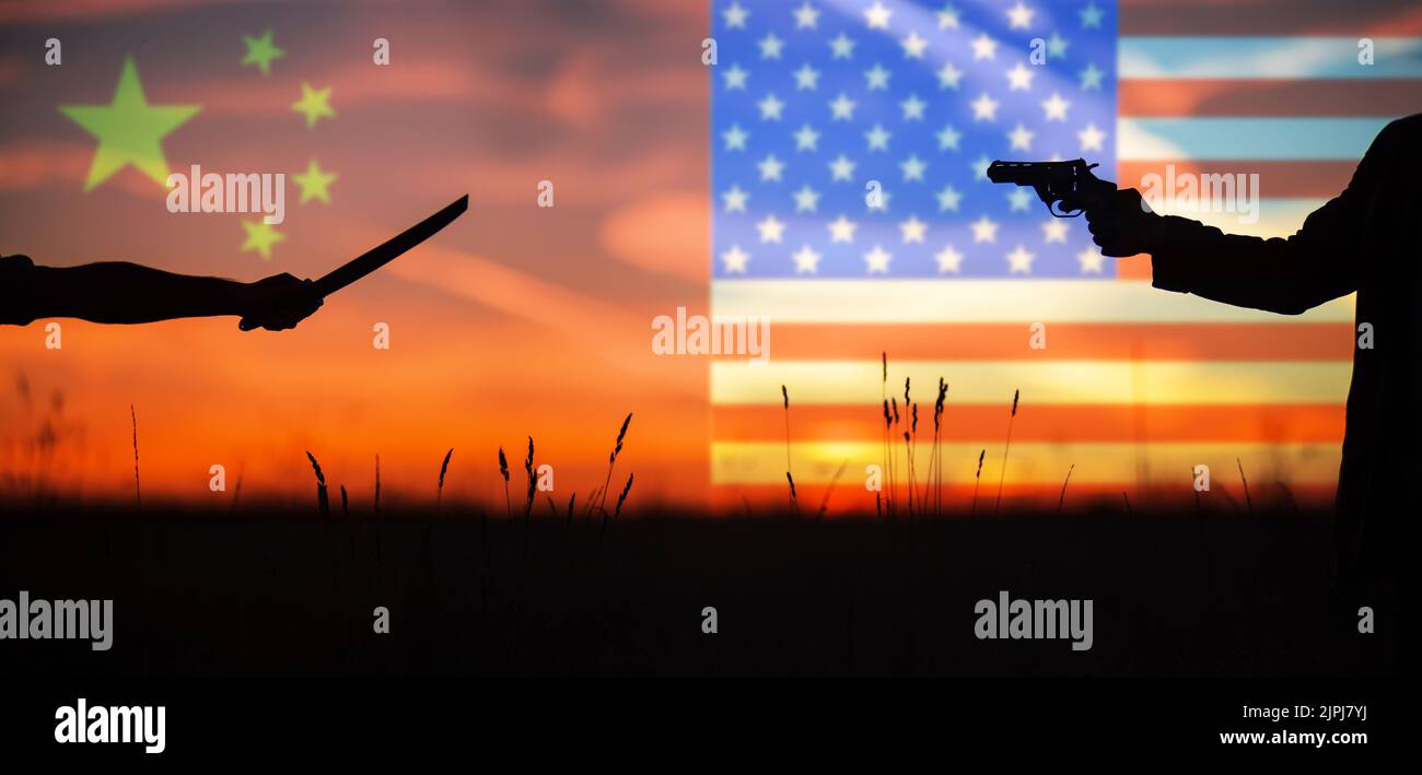 Katana versus revolver fight in the field. Military conflict in Asia ...