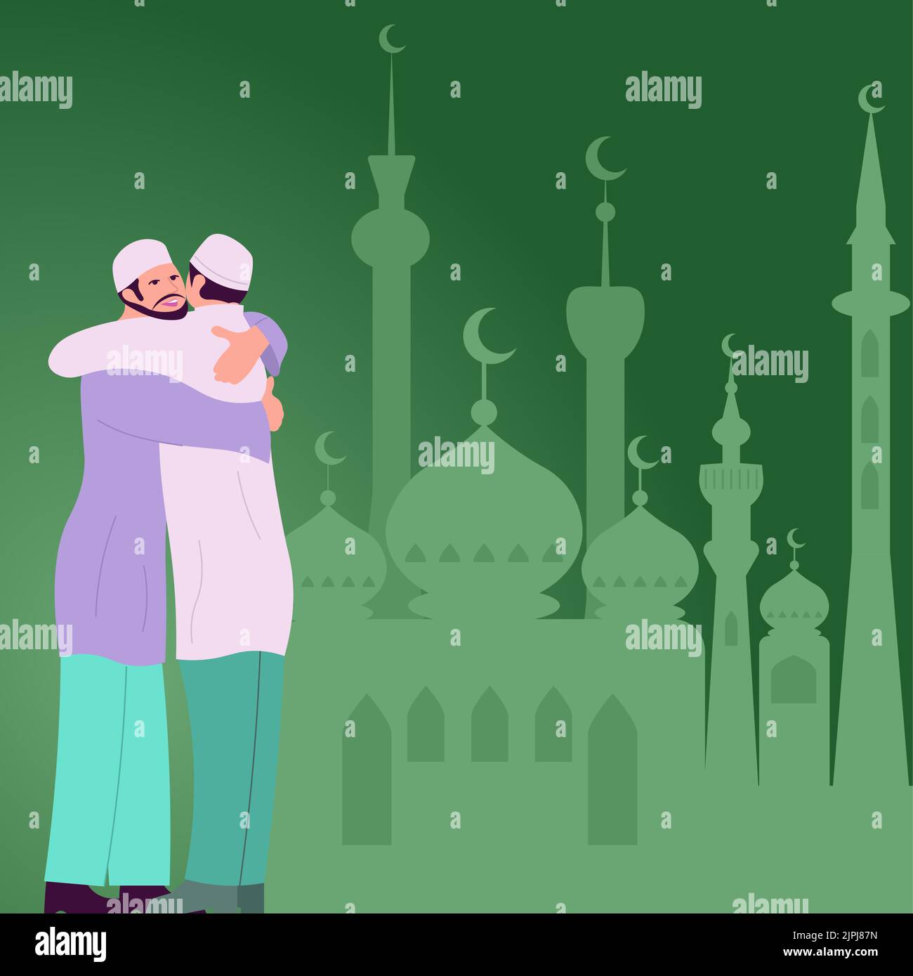 Friends Hugging In Front Of Mosque Celebrating Ramadan. Men In ...