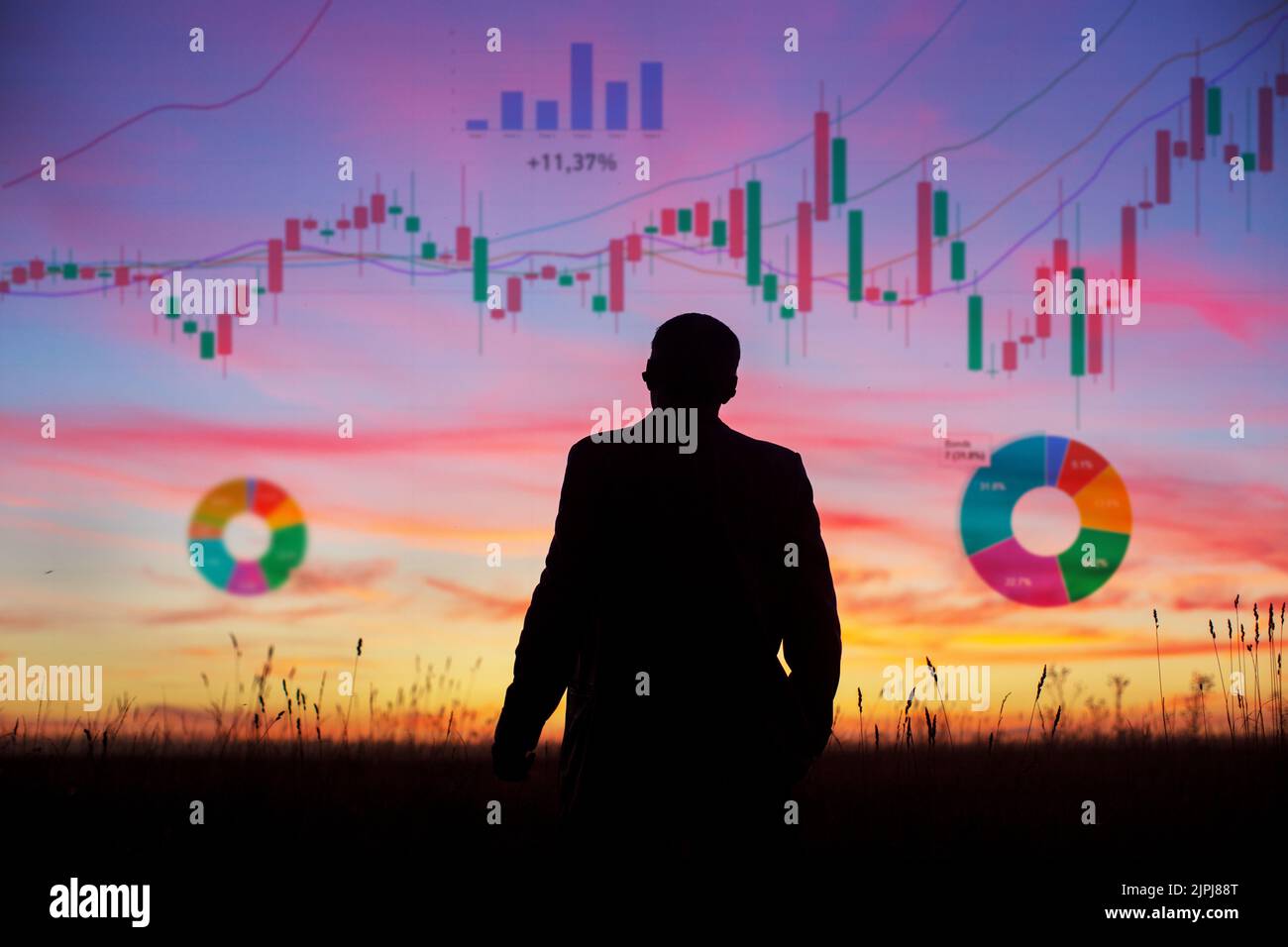 Silhouette of a man watching stock market charts at sunset ...
