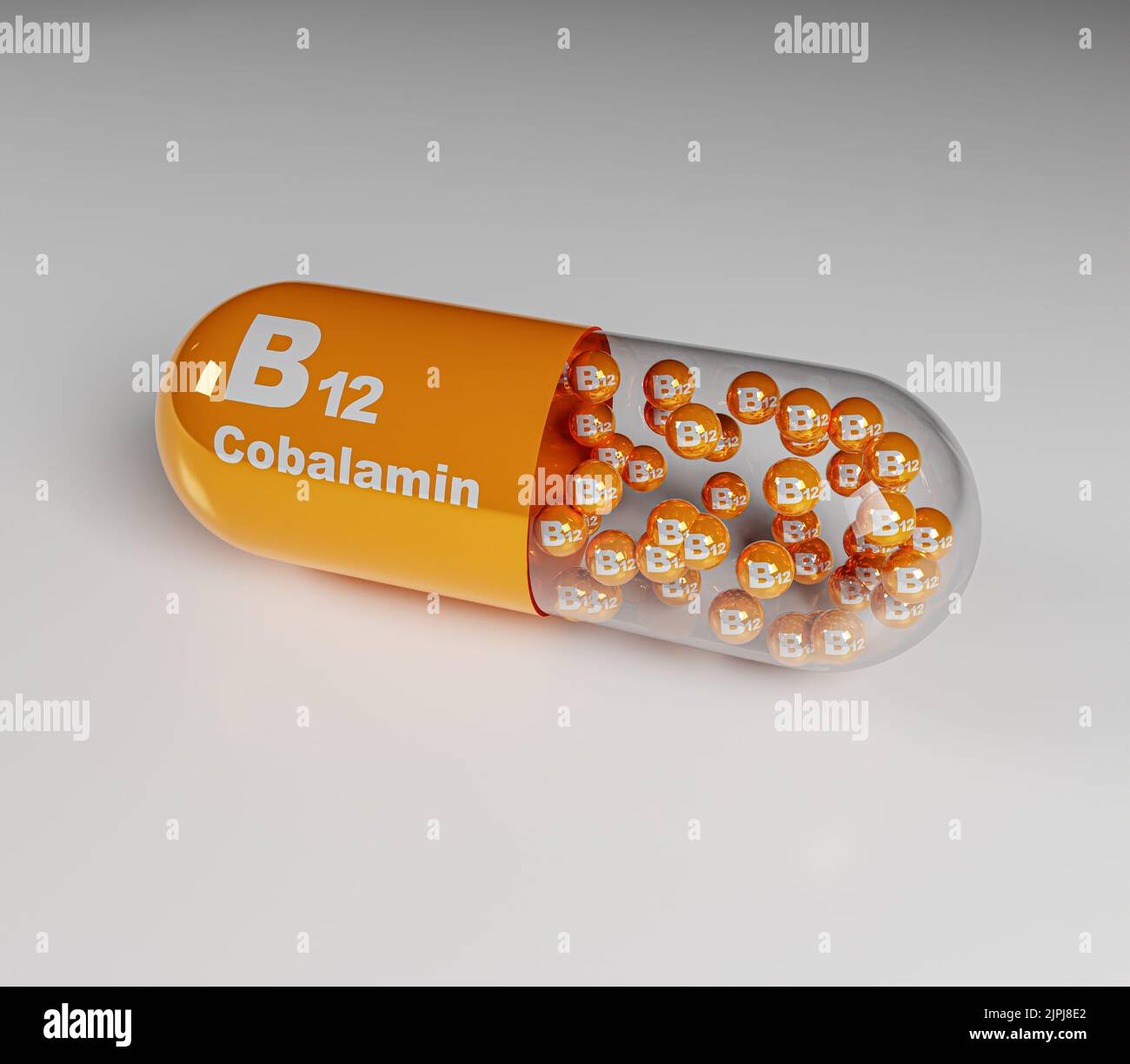 Vitamin B12, b12 text on globules, Cobalamin with white background, 3d ...